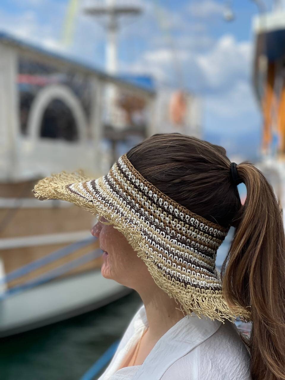 Fringed Striped Straw Sun Visor Hat, Crownless Beach Hat - Etsy