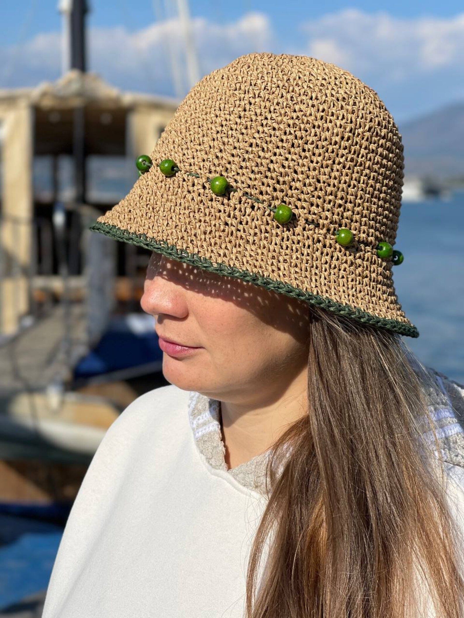 Crocheted Raffia Bucket Hat, Beaded Beach Sun Hat - Etsy
