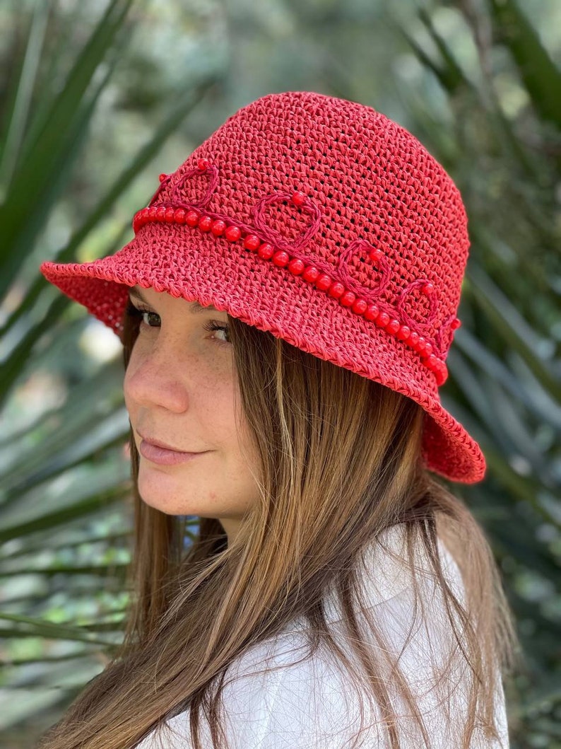 Red Raffia Crochet Busket Hat for Women, Beaded Bucket Handmade Hat ...