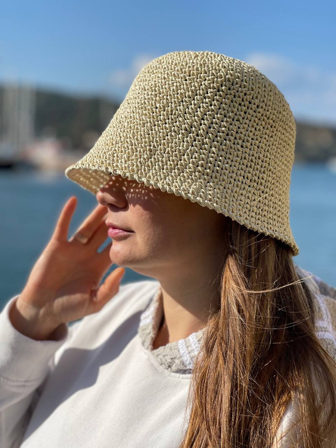 Handmade Raffia Bucket Crochet Hat for Summer Beach Holiday, Beach ...