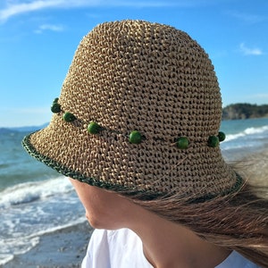Crocheted Raffia Bucket Hat, Beaded Beach Sun Hat - Etsy