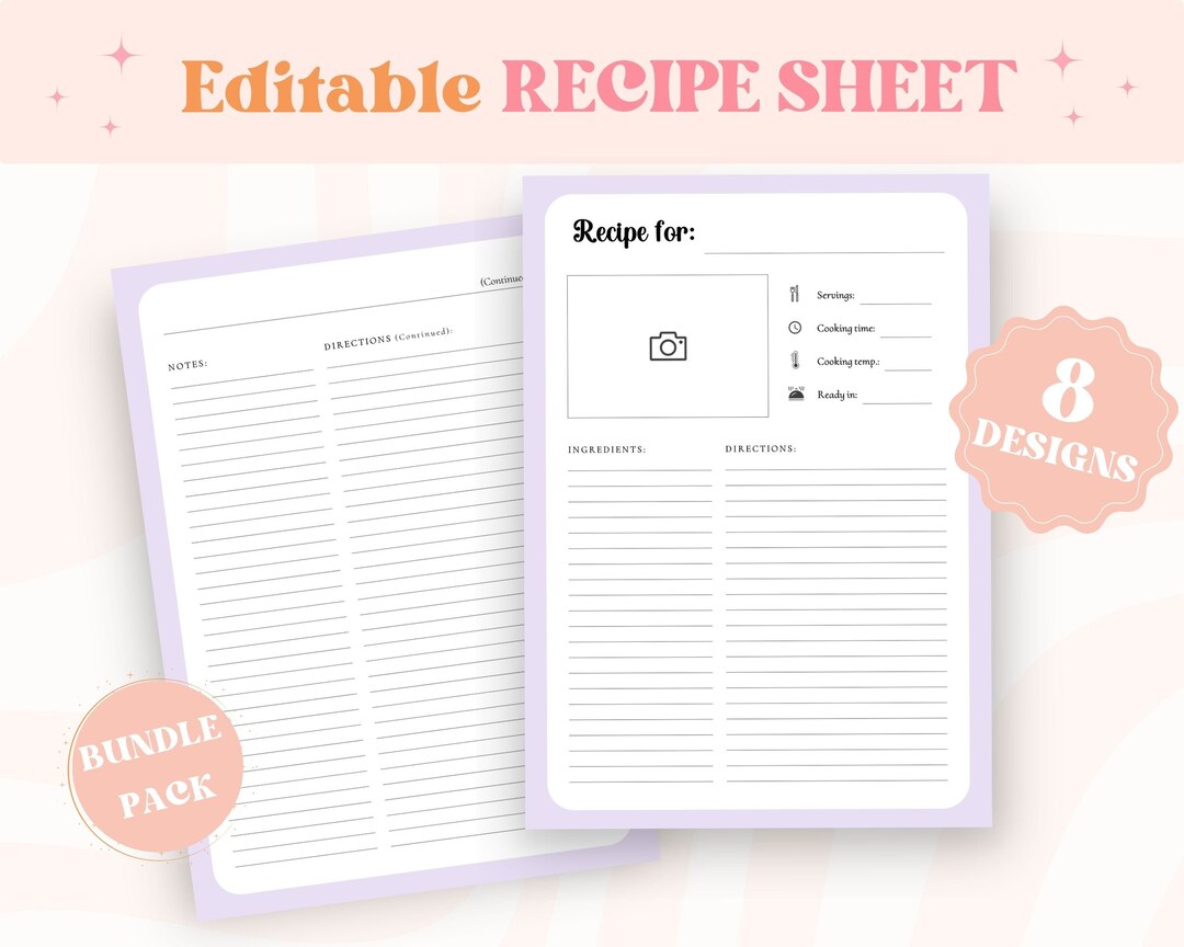 Editable Recipe Sheet Template Personalized Recipe Page Bundle ...