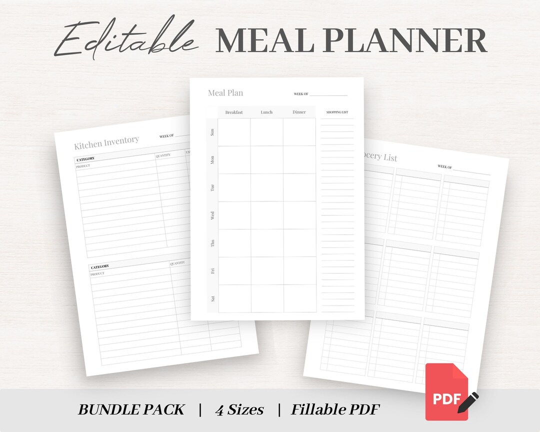 EDITABLE Menu Planner Template Food Journal Printable Meal Plan Grocery ...