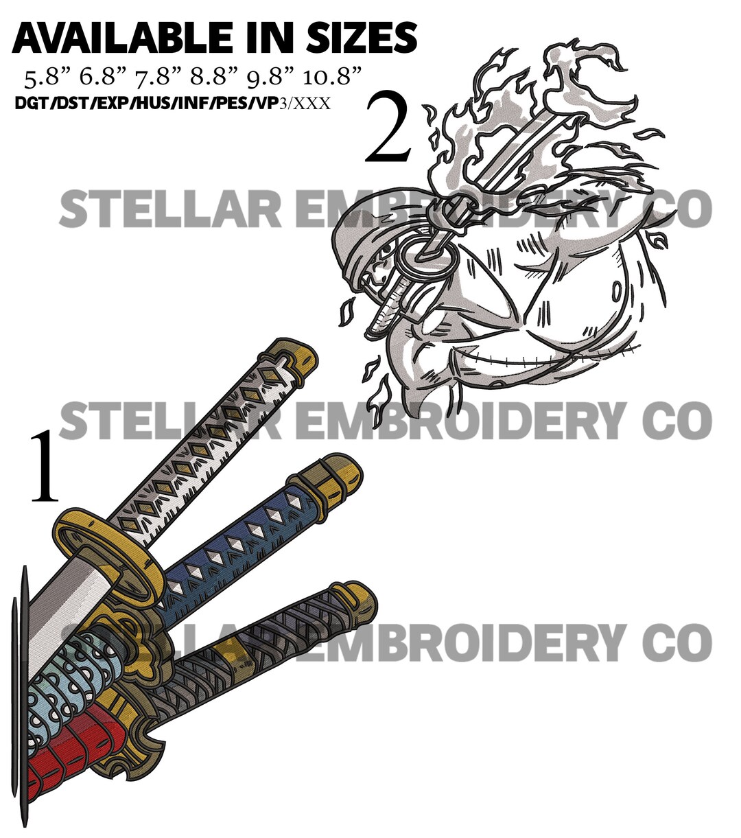 2 FOR 1]- ZORO + 3 SWORDS Embroidery Files [instant Download] Dgt Dst ...