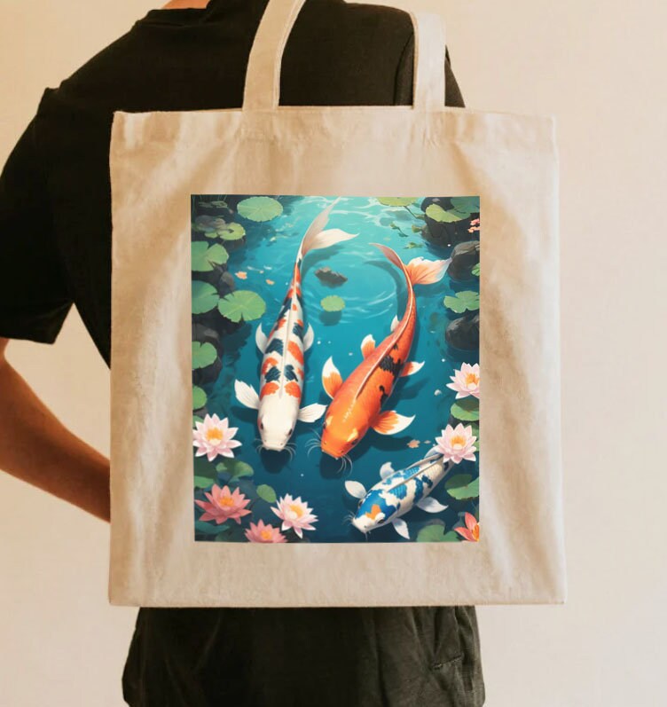 Japanese Koi Fish Canvas Tote, Watercolor Koi Fish Printed Tote ...