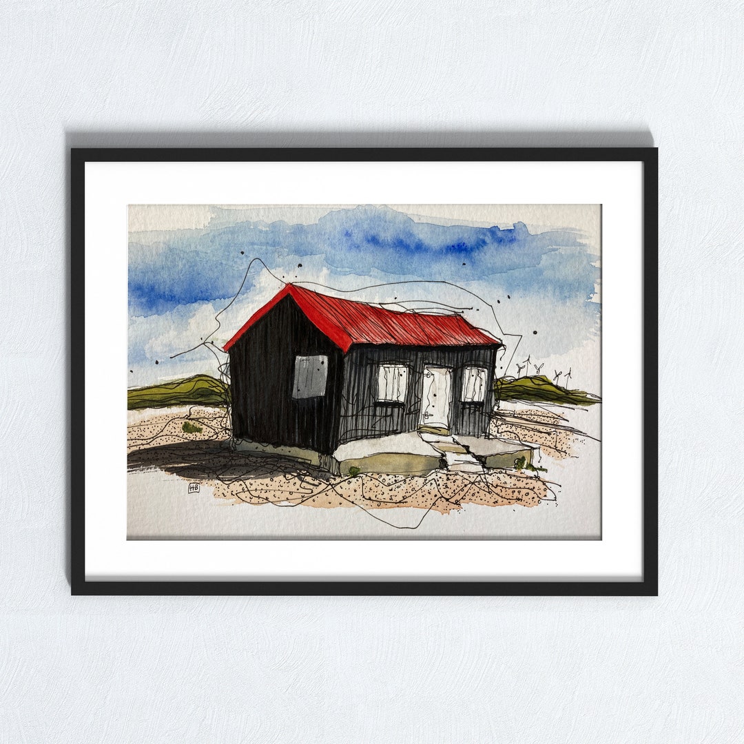 Pen and Watercolour Drawing of a Beach Hut With Red Roof, Seaside ...