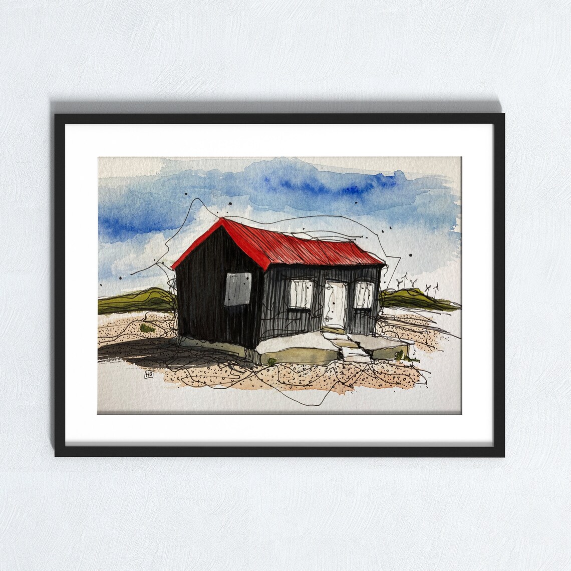Pen and Watercolour Drawing of a Beach Hut With Red Roof, Seaside ...