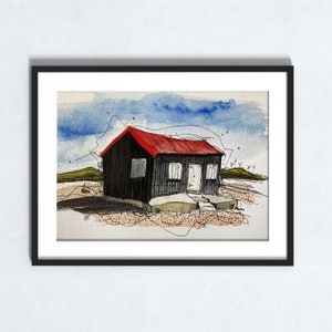 Pen and Watercolour Drawing of a Beach Hut With Red Roof, Seaside ...