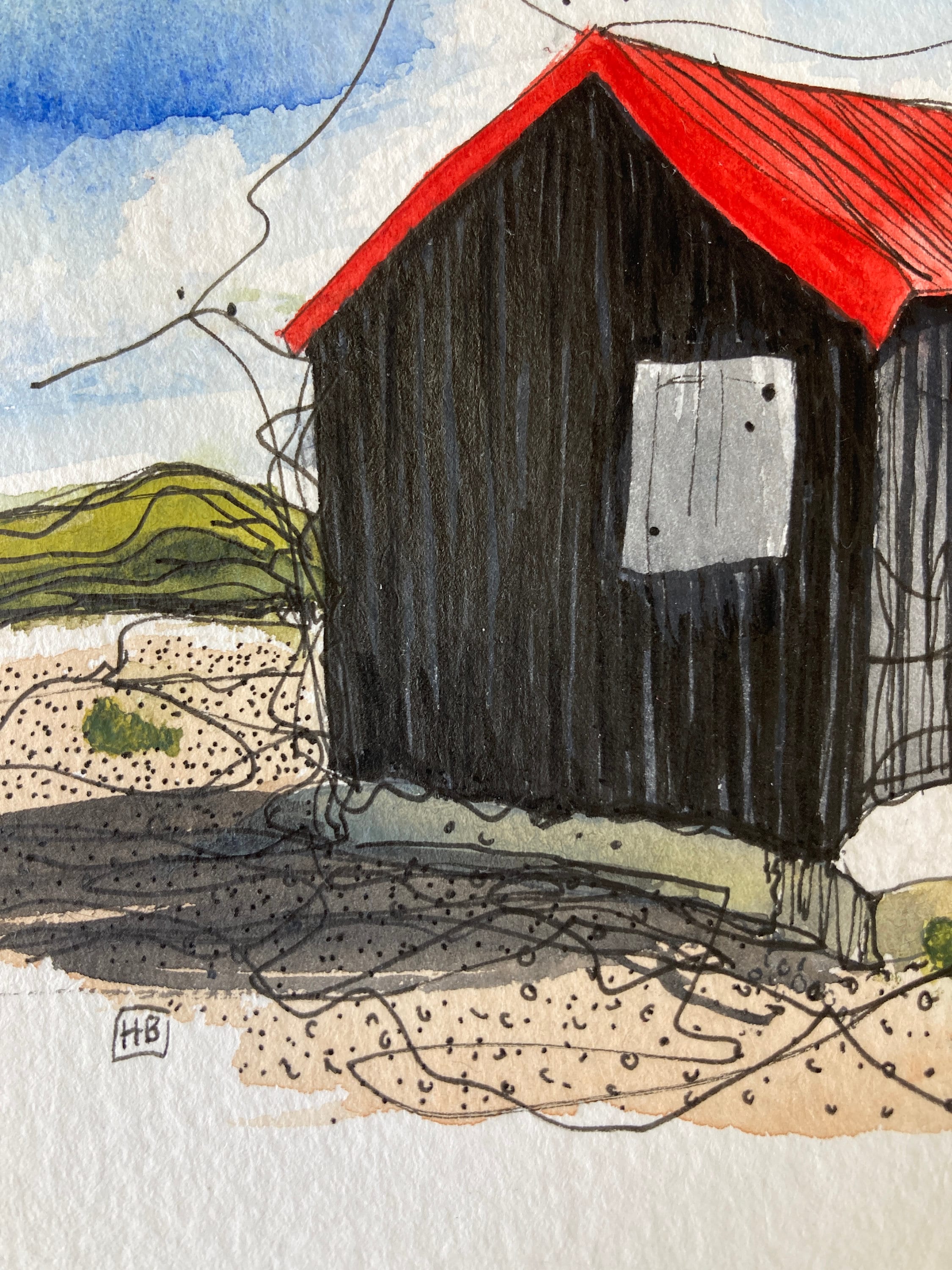 Pen and Watercolour Drawing of a Beach Hut With Red Roof, Seaside ...
