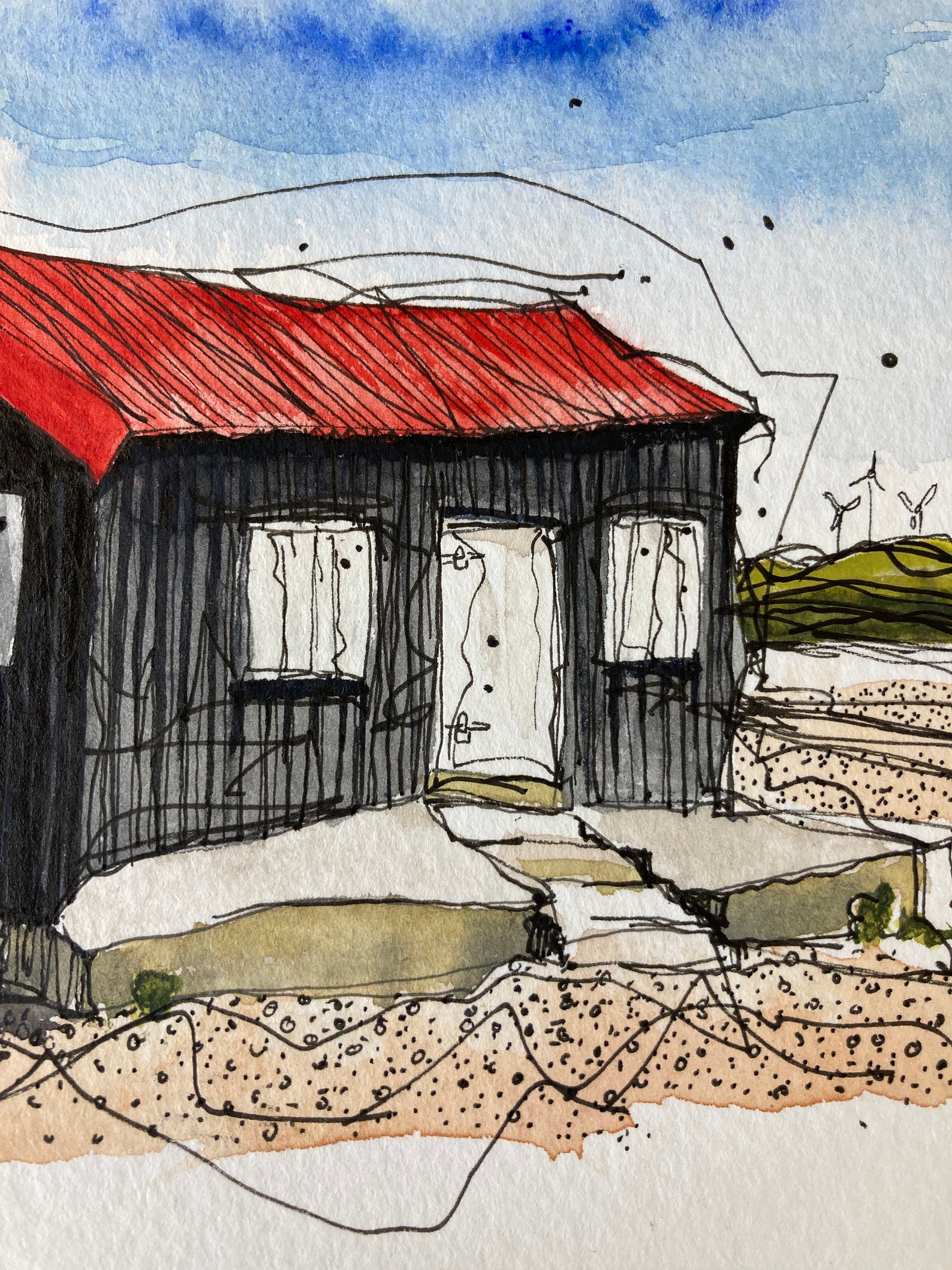 Pen and Watercolour Drawing of a Beach Hut With Red Roof, Seaside ...