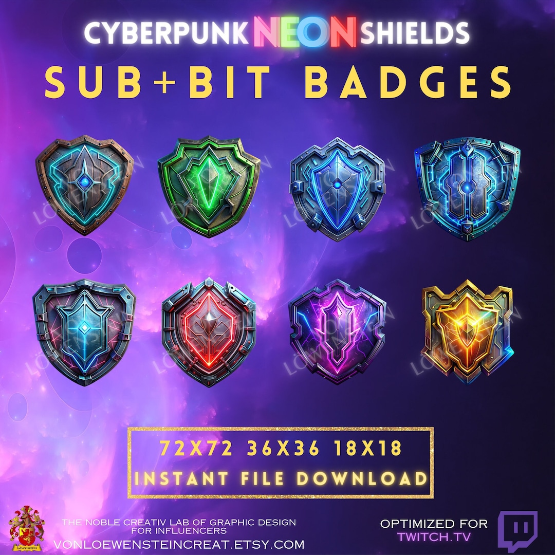 Cyberpunk NEON Shields Twitch Sub & Bit Badges, Emblem, Logo and Icons ...