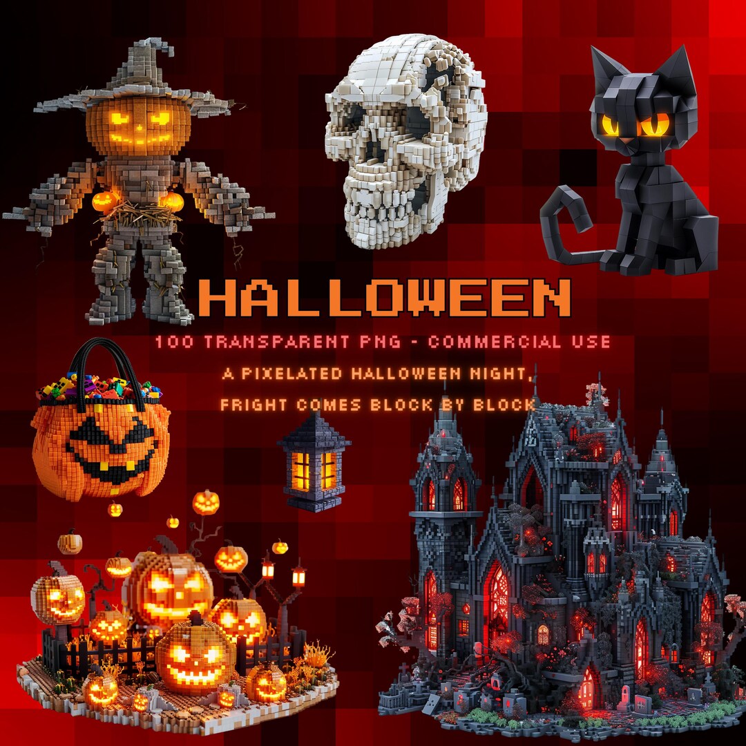 Pixel Art Halloween Clipart Bundle 100 High-quality Pngs Blocky Horror ...