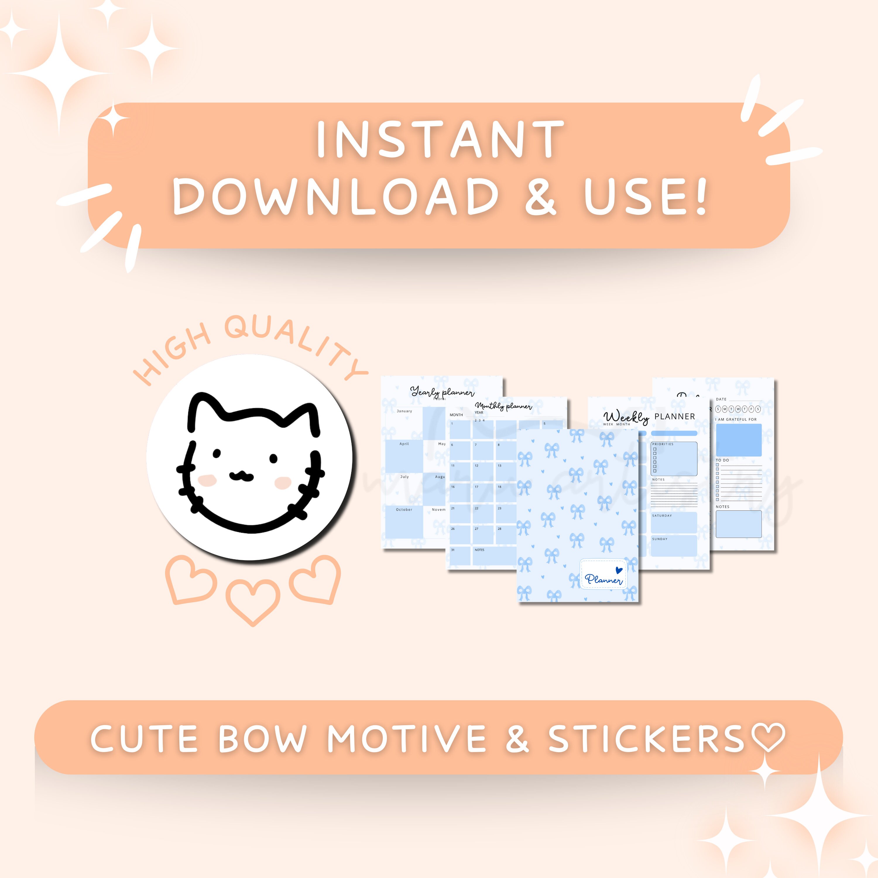 Cute Blue Bow Digital Planner Printable Planner Stickers Weekly Planner ...