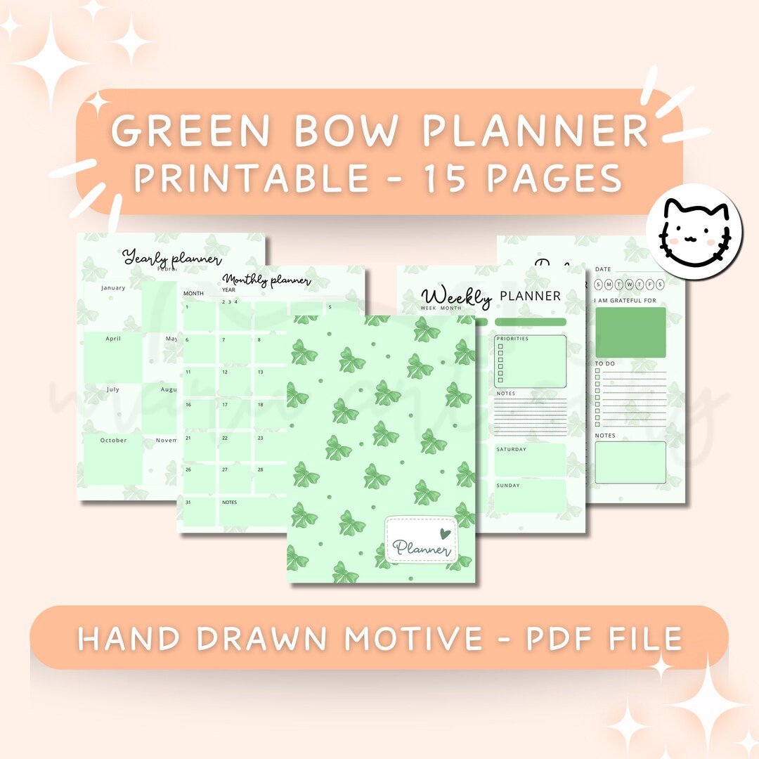 Cute Green Bow Digital Planner Printable Planner Stickers Weekly ...