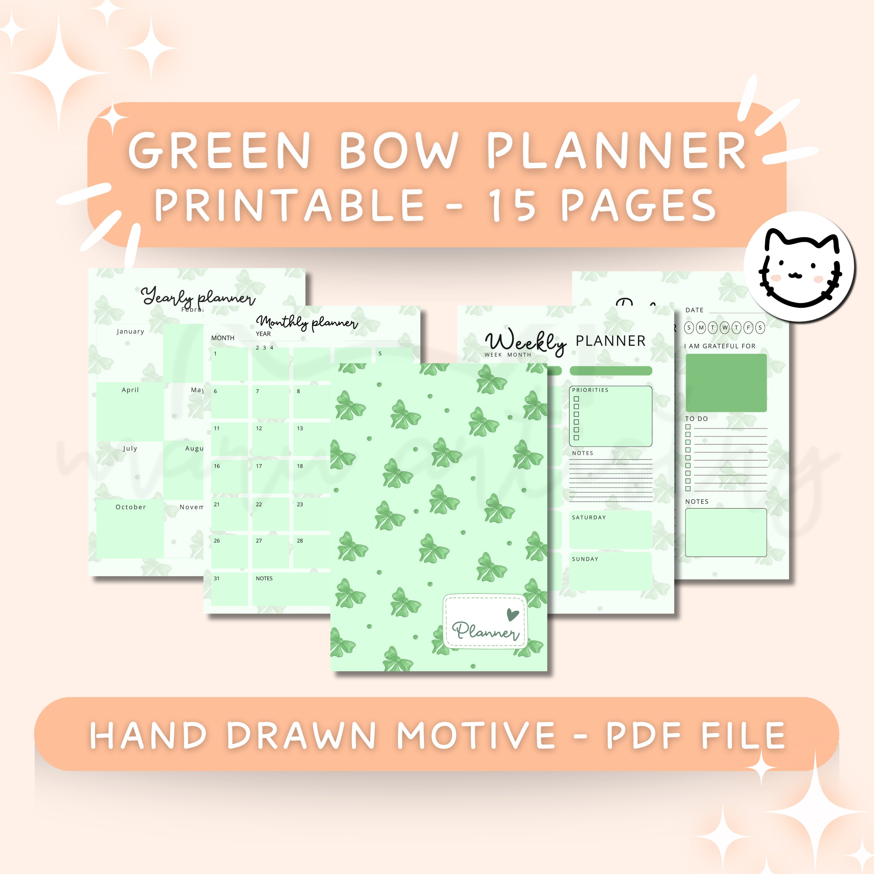 Cute Green Bow Digital Planner Printable Planner Stickers Weekly ...