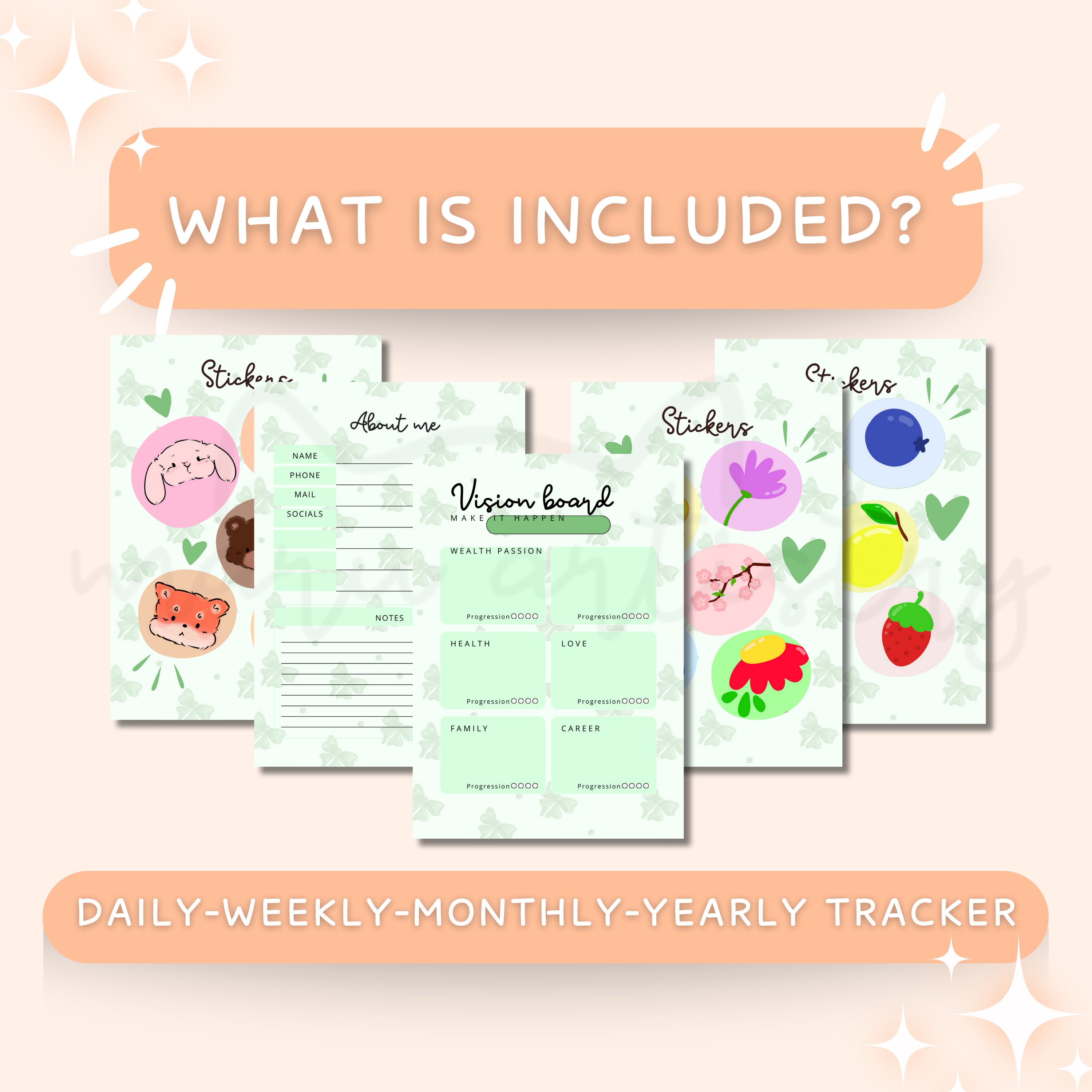 Cute Green Bow Digital Planner Printable Planner Stickers Weekly ...