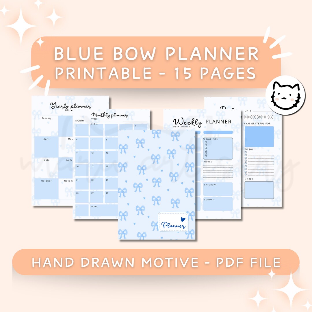 Cute Blue Bow Digital Planner Printable Planner Stickers Weekly Planner ...