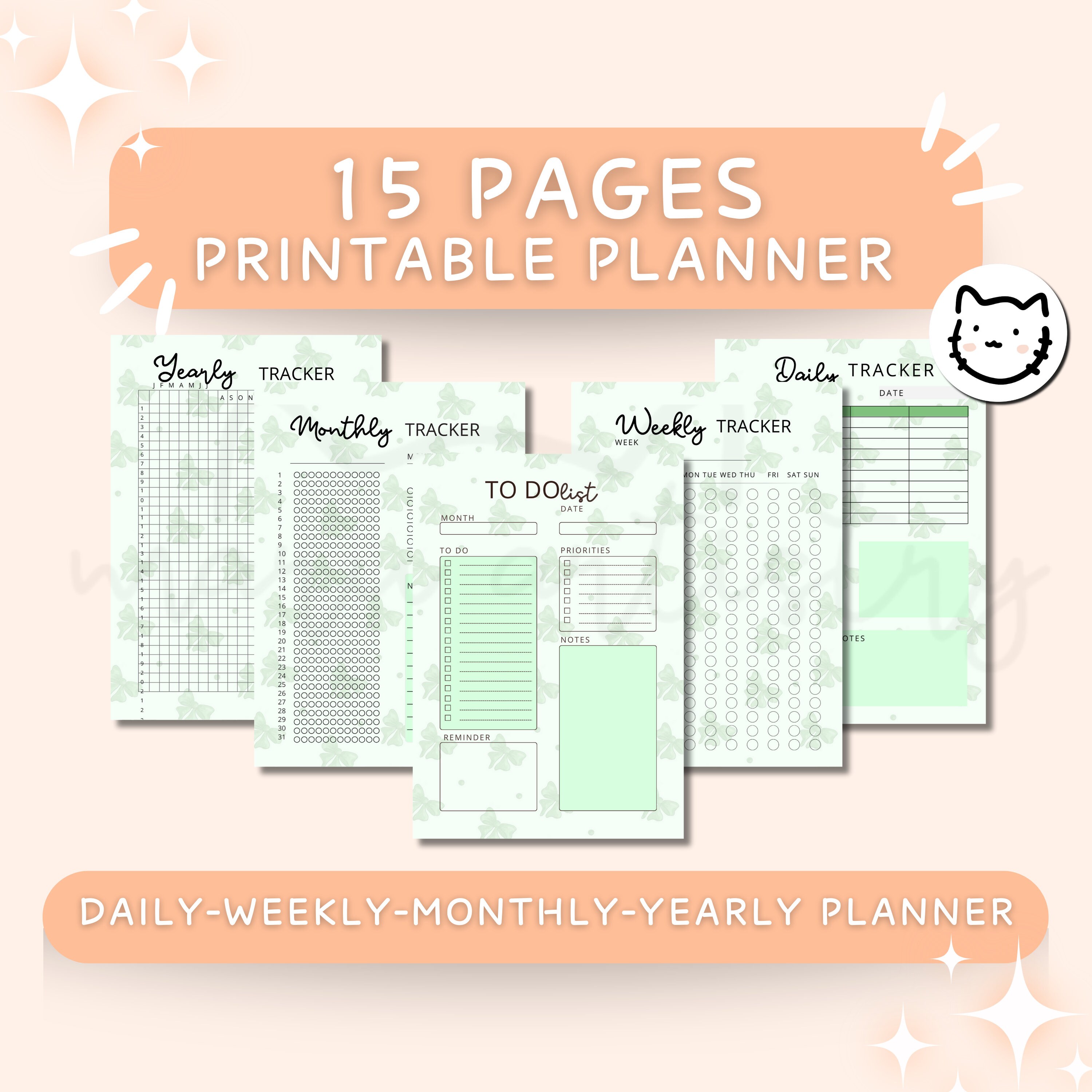 Cute Green Bow Digital Planner Printable Planner Stickers Weekly ...