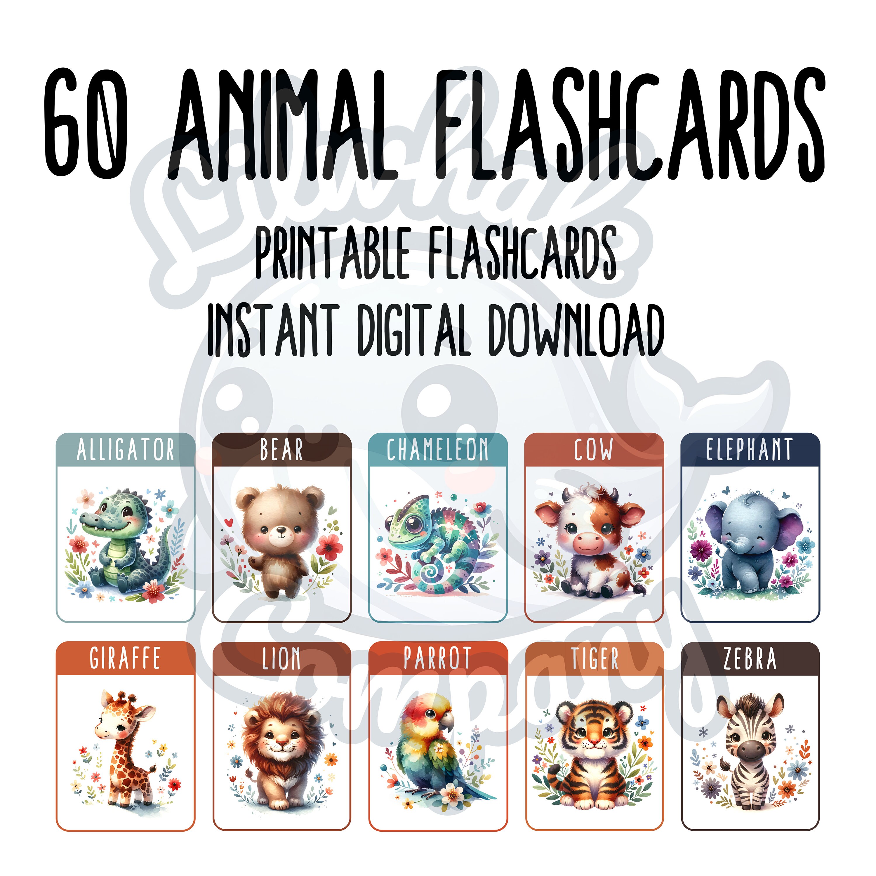 Cute Watercolor Animal Flashcards, Printable Flashcards for Preschool ...