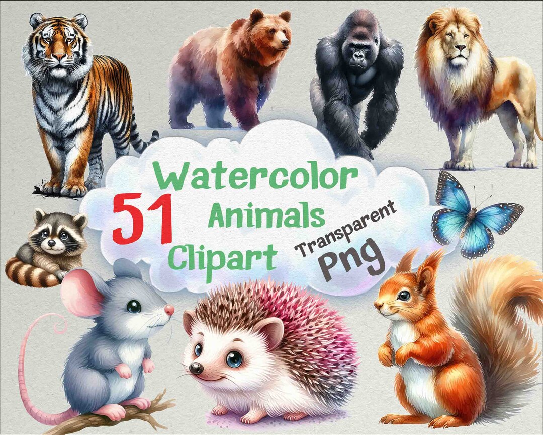 51 Animal Clipart Mega Bundle, Watercolor Forest Digital Clipart Set ...