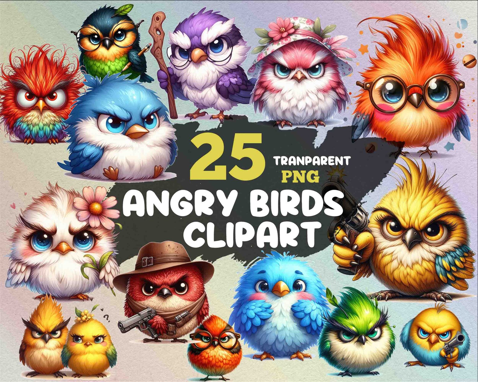 Cute Angry Bird Png, 25 Watercolor Grumpy Birds Collection Clipart ...