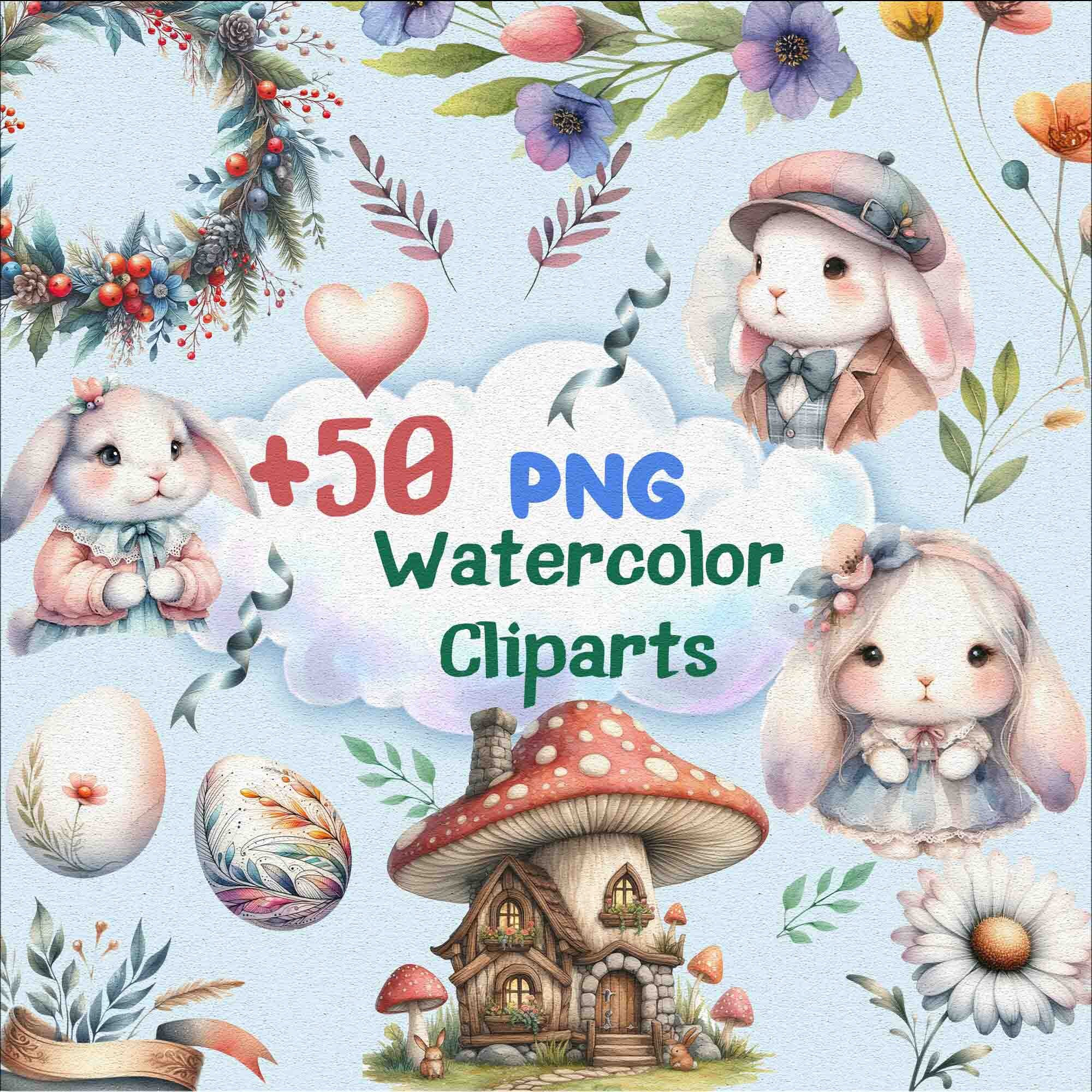 Watercolor Clipart Bundle, Cute Baby Bunny PNG, Bunny Watercolor ...