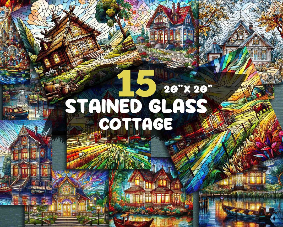 Stained Glass Clipart Bundle, 15 Stained Glass Cottage, Stained Glass ...