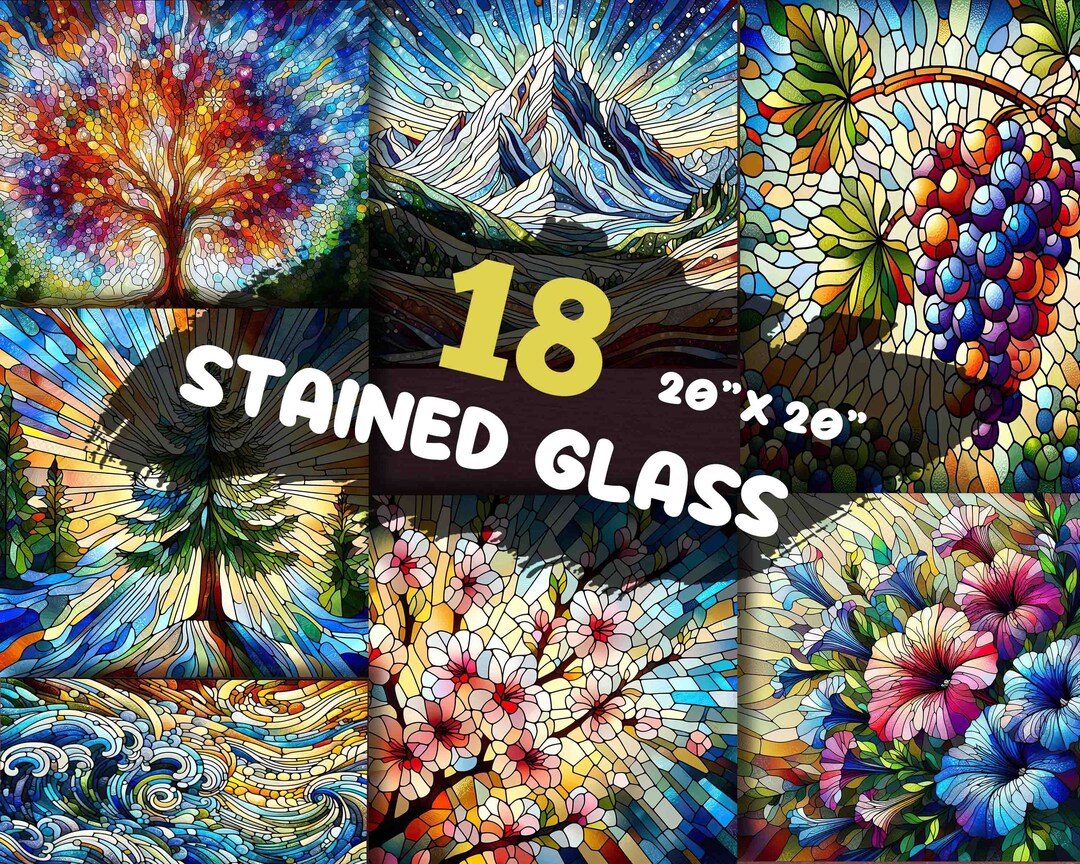 Stained Glass Clipart Bundle, 15 Stained Glass Landscape, Fruit, Nature ...