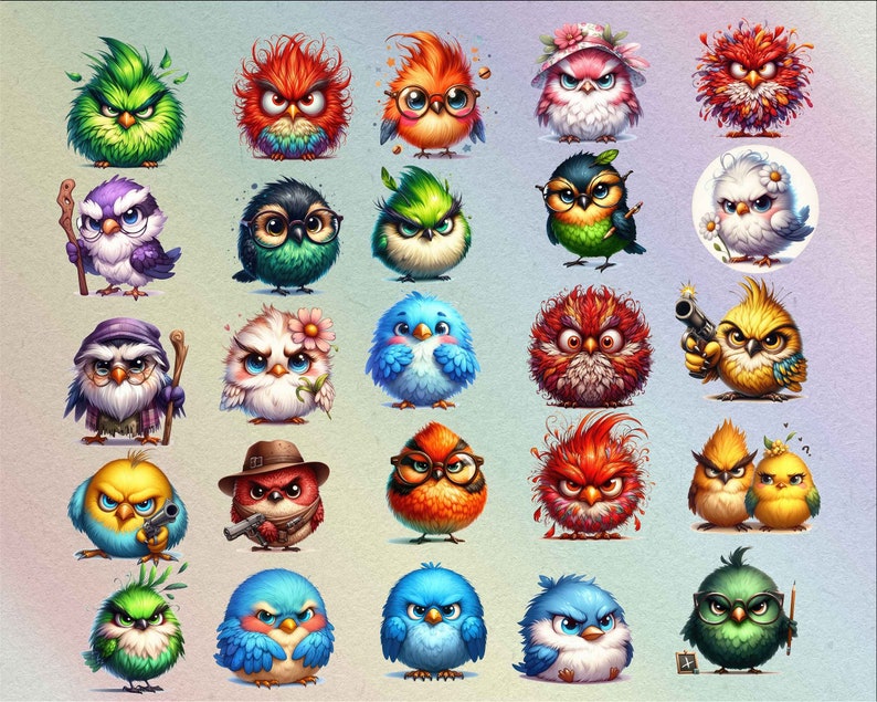 Cute Angry Bird Png, 25 Watercolor Grumpy Birds Collection Clipart, Cartoon Bird Faces, Funny ...