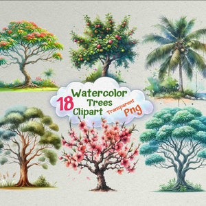 Watercolor Clipart Bundle, 18 Trees Transparent PNG, Tree Watercolor ...