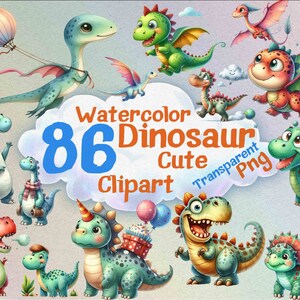 Cute Dinosaur Clipart Bundle, Fantasy Dinosaur Clipart, Watercolor ...