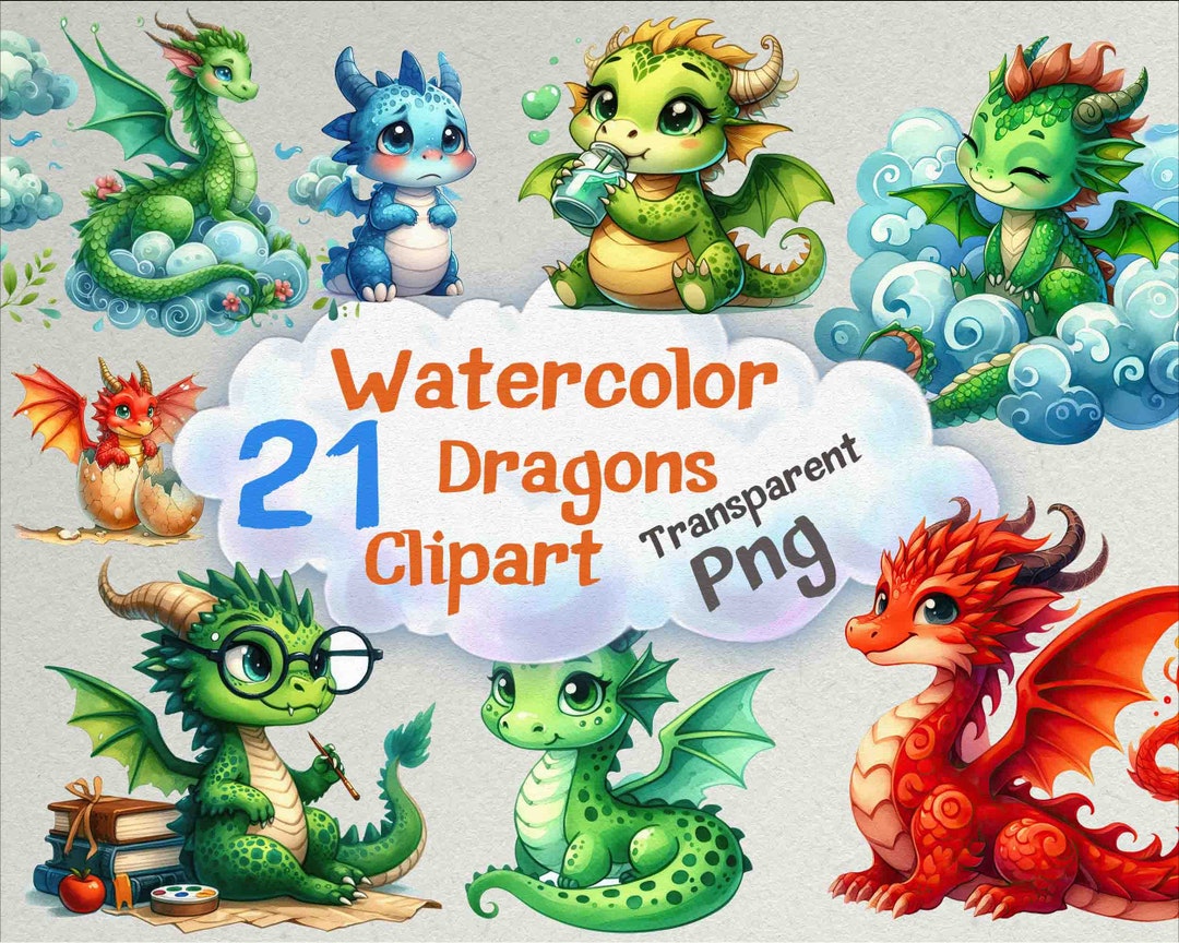 Cute Dragon Clipart Bundle, 21 Watercolor Colorful Fantasy Dragons ...