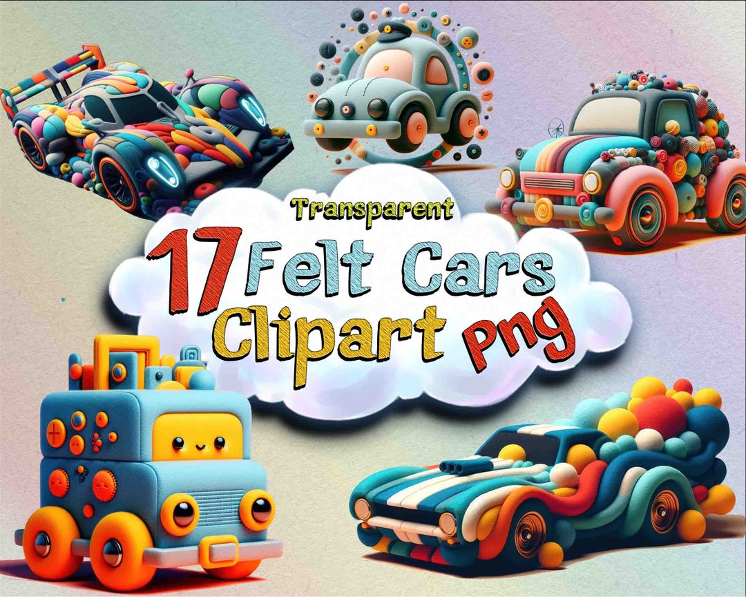 Felt Cars Clipart Bundle, 17 Transparent Background Cars, Cute Car for ...