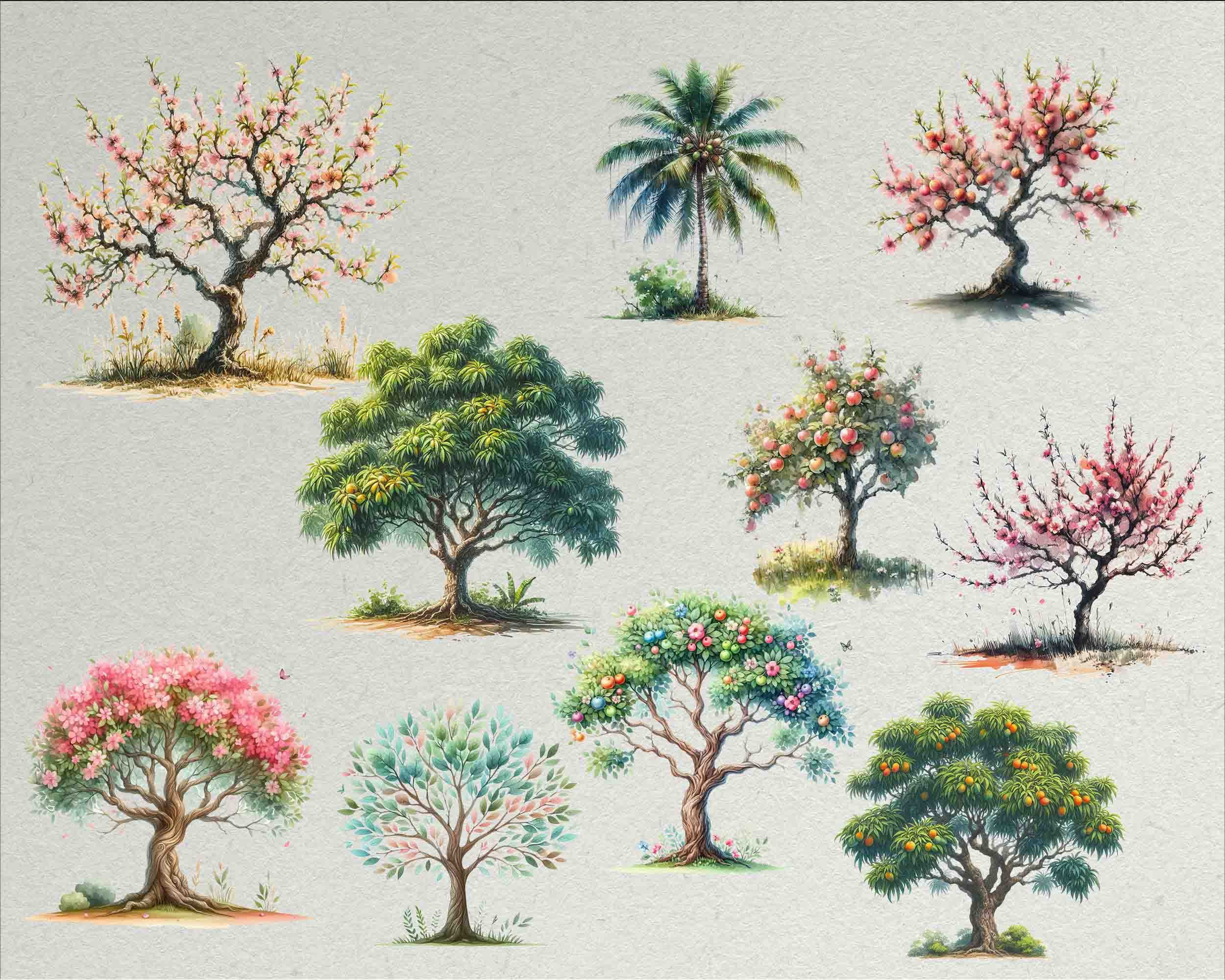 Watercolor Clipart Bundle, 18 Trees Transparent PNG, Tree Watercolor ...