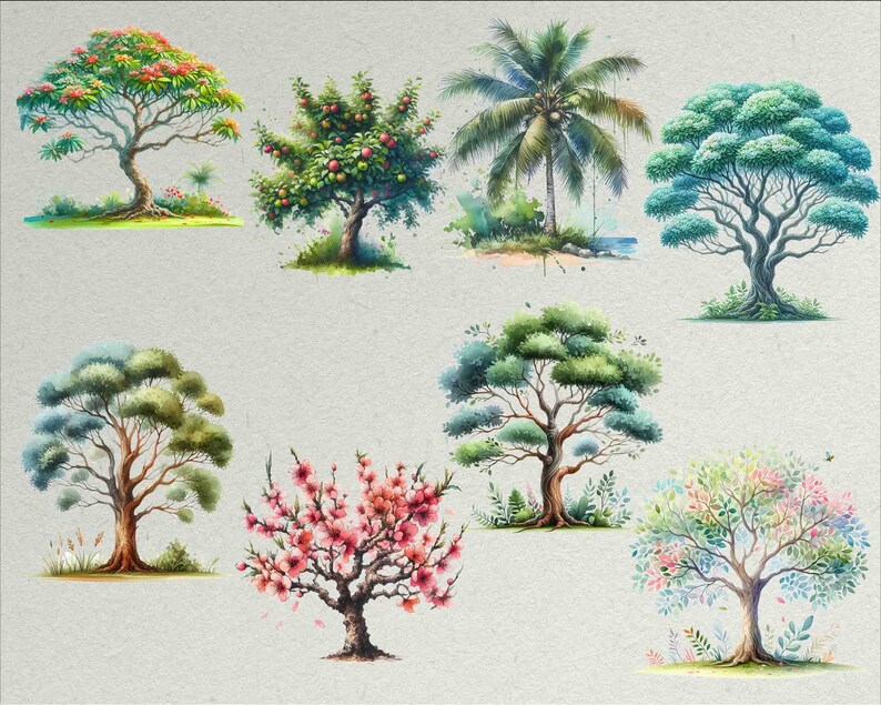 Watercolor Clipart Bundle, 18 Trees Transparent PNG, Tree Watercolor ...