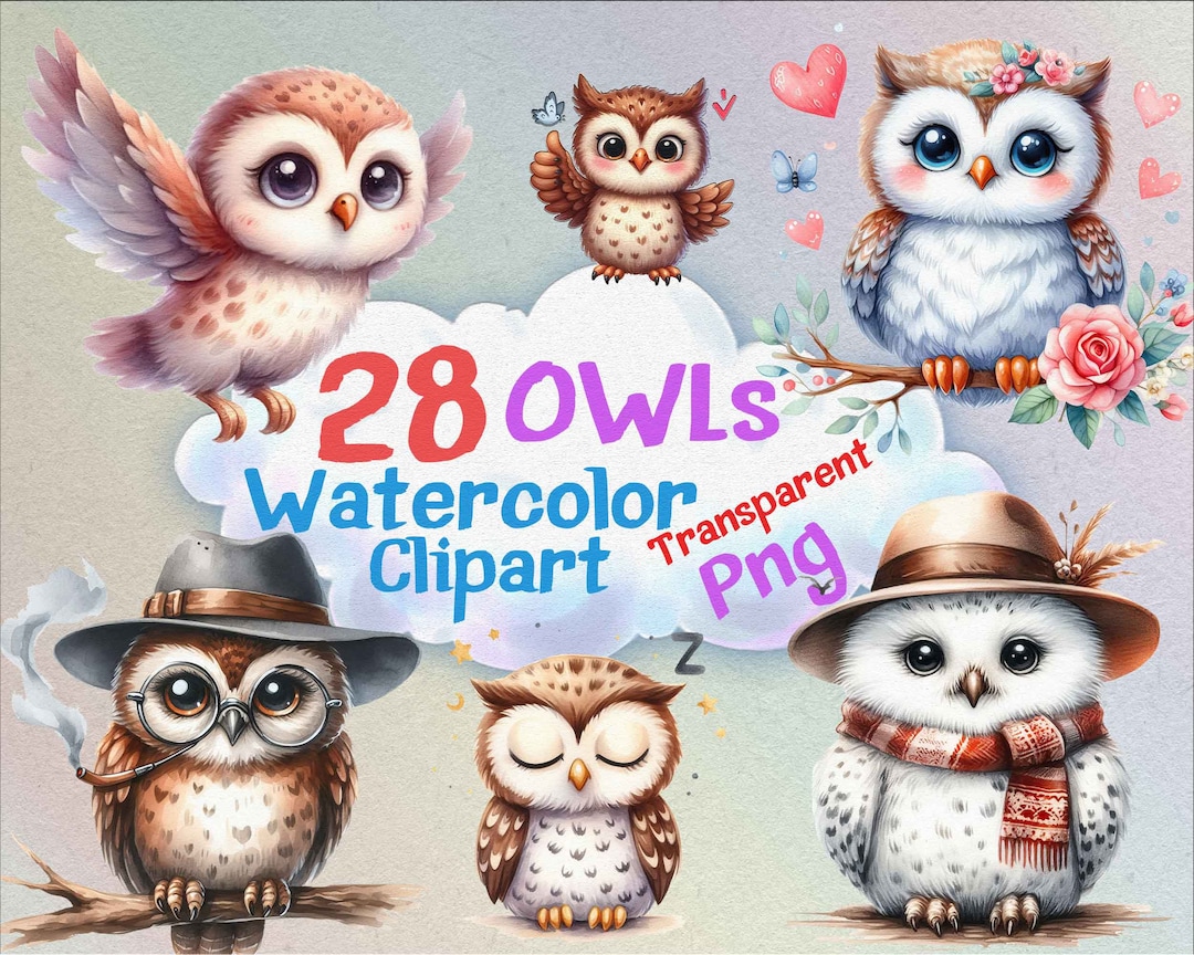 Watercolor Cute Owl Clipart, 28 Png Owl Clipart Bundle, Watercolor ...