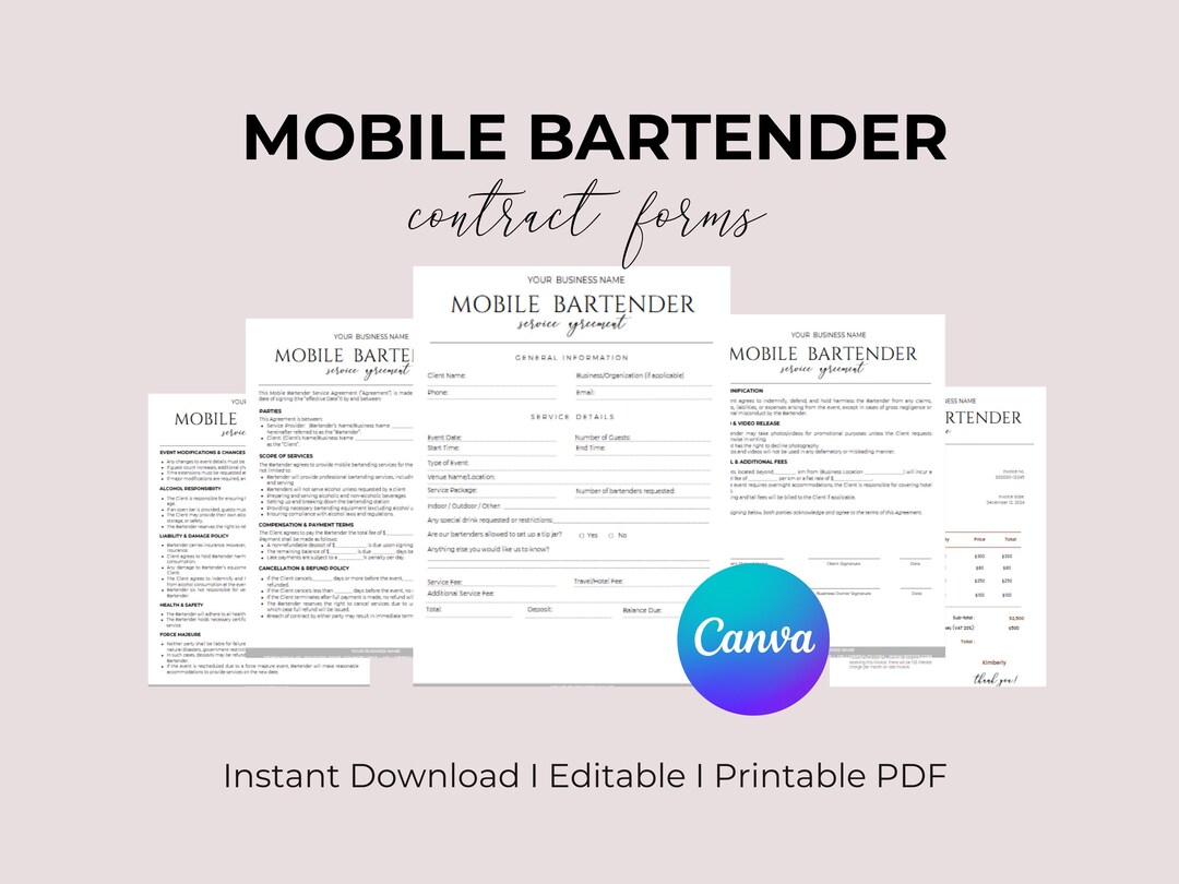 Mobile Bartender Contract Template Bartending Service Agreement Forms ...