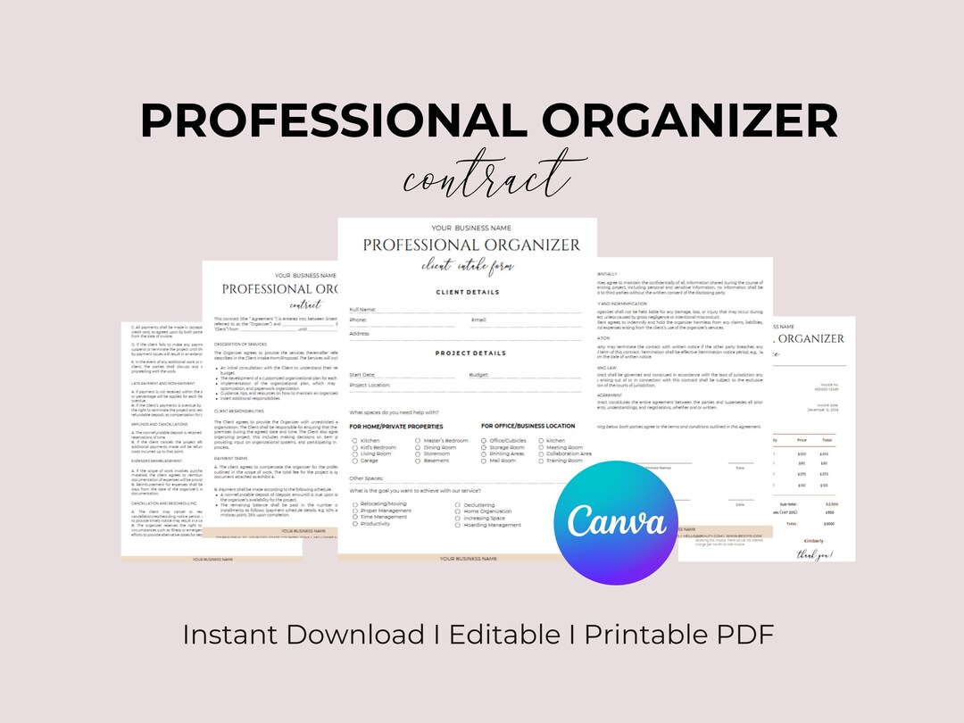 Editable Professional Organizer Contract Template Client Intake Form ...