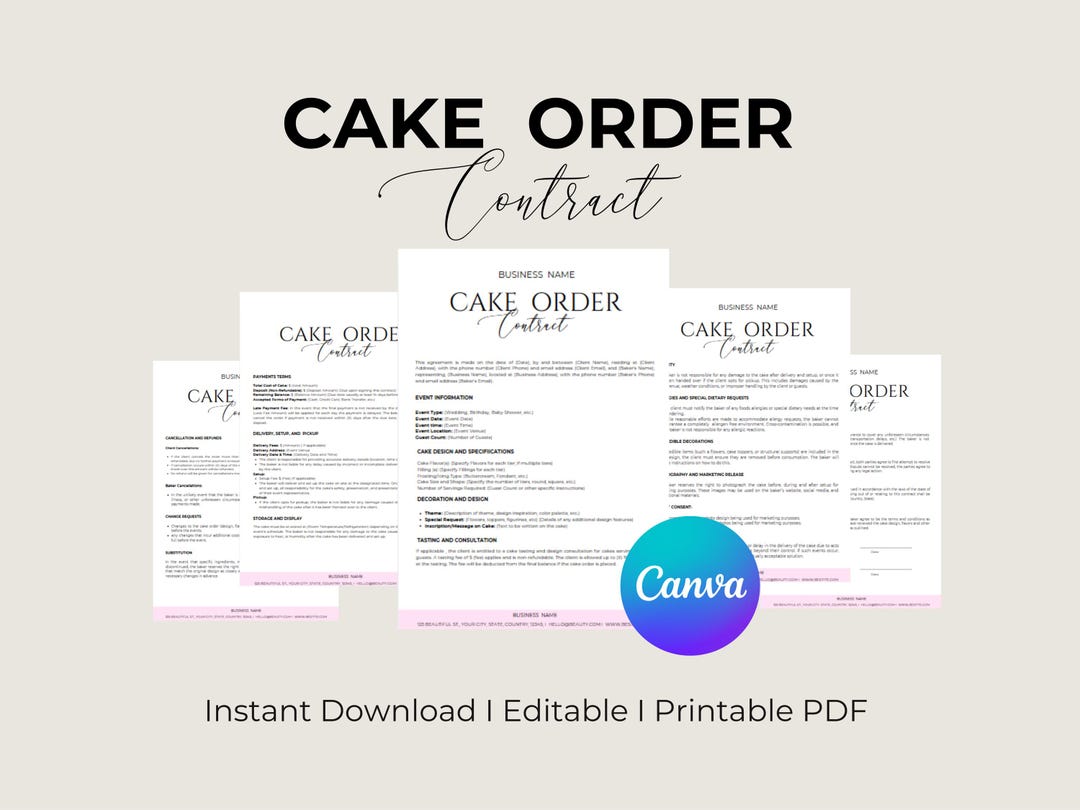 Professional Cake Contract Template Cake Order Contract Cake Order Form ...