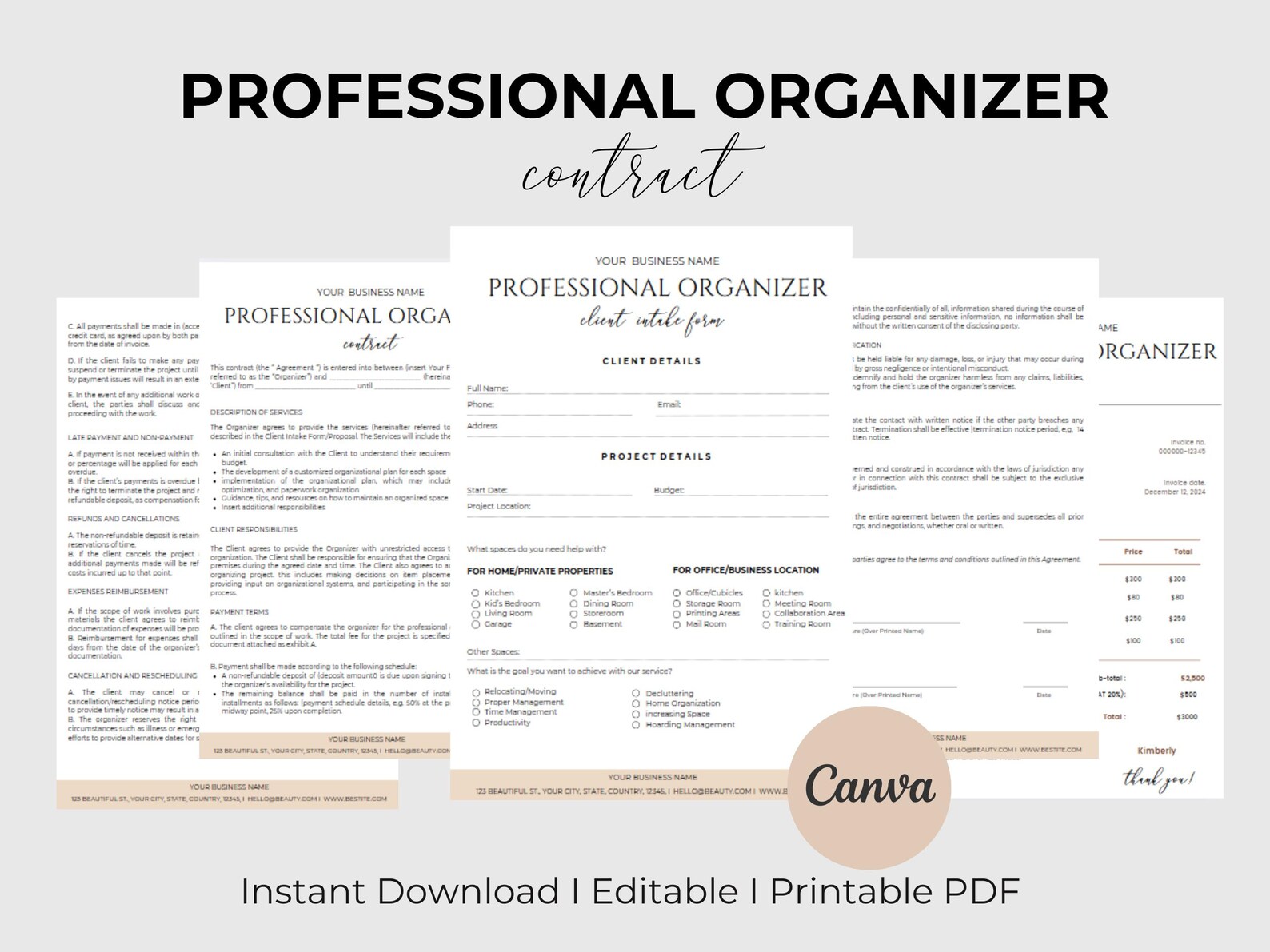 Editable Professional Organizer Contract Template Client Intake Form ...