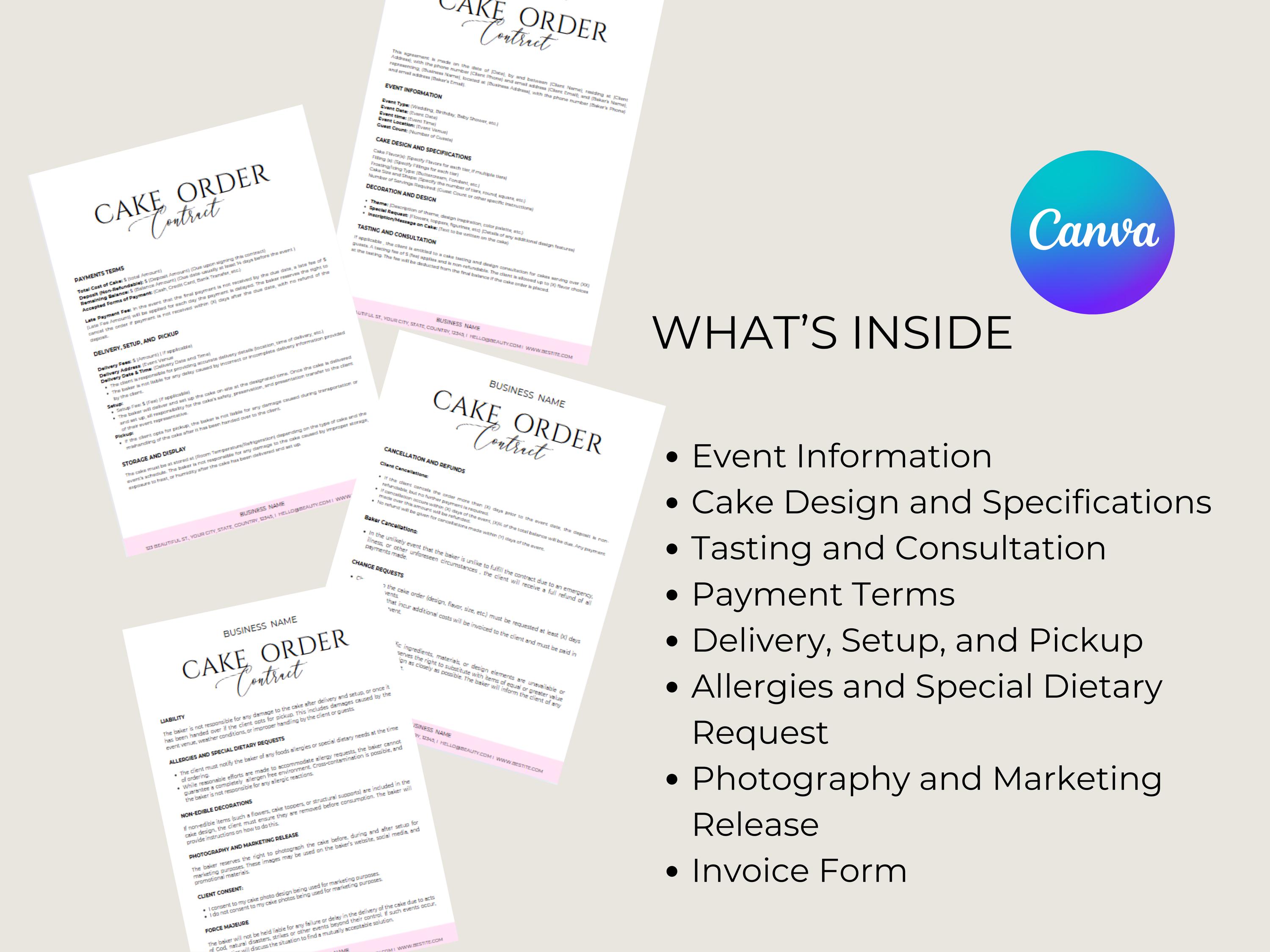 Professional Cake Contract Template Cake Order Contract Cake Order Form ...