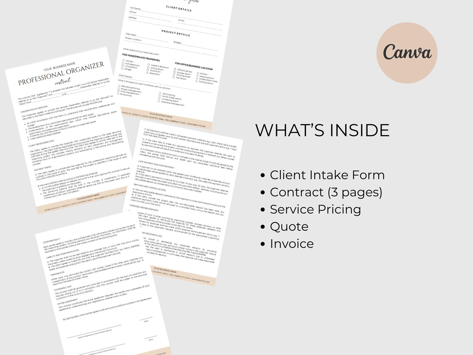 Editable Professional Organizer Contract Template Client Intake Form ...