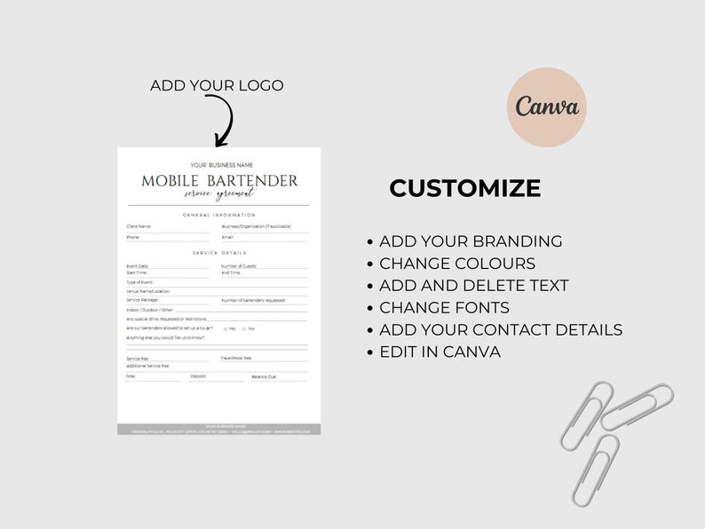 Mobile Bartender Contract Template Bartending Service Agreement Forms ...