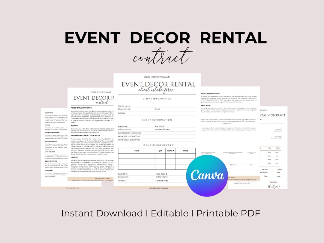 Event Decor Rental Contract Editable Party Wedding Decor Rental ...