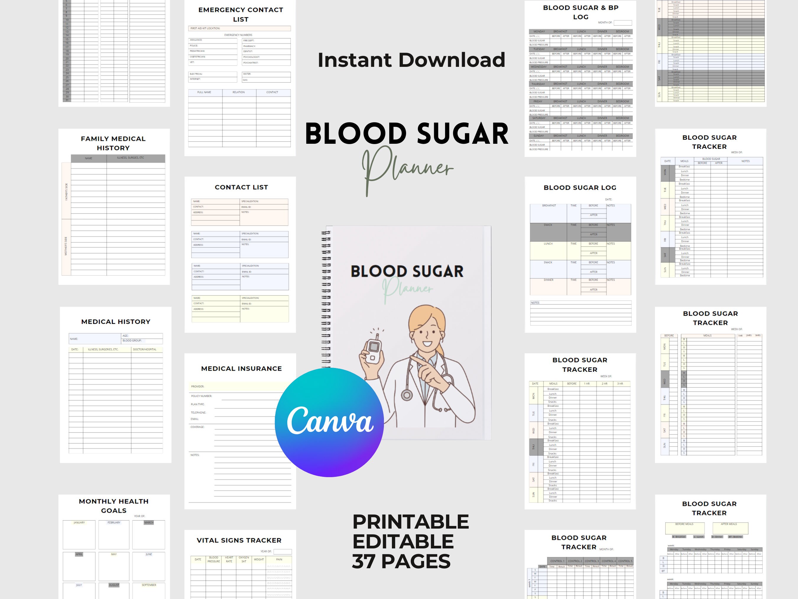 Blood Sugar Log, Blood Sugar Tracker, Printable Planner, Medical ...