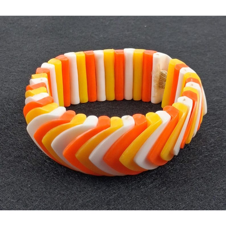 1970s Retro Candy Corn Tri-color Acrylic Chevron Stretch Bracelet VTG ...