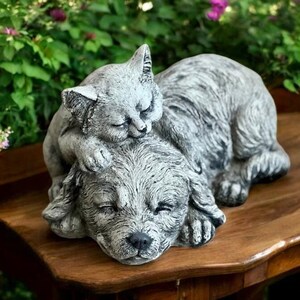 Laying Cat With Dog Sculpture Stone Detailed Pets Figure Backyard or ...