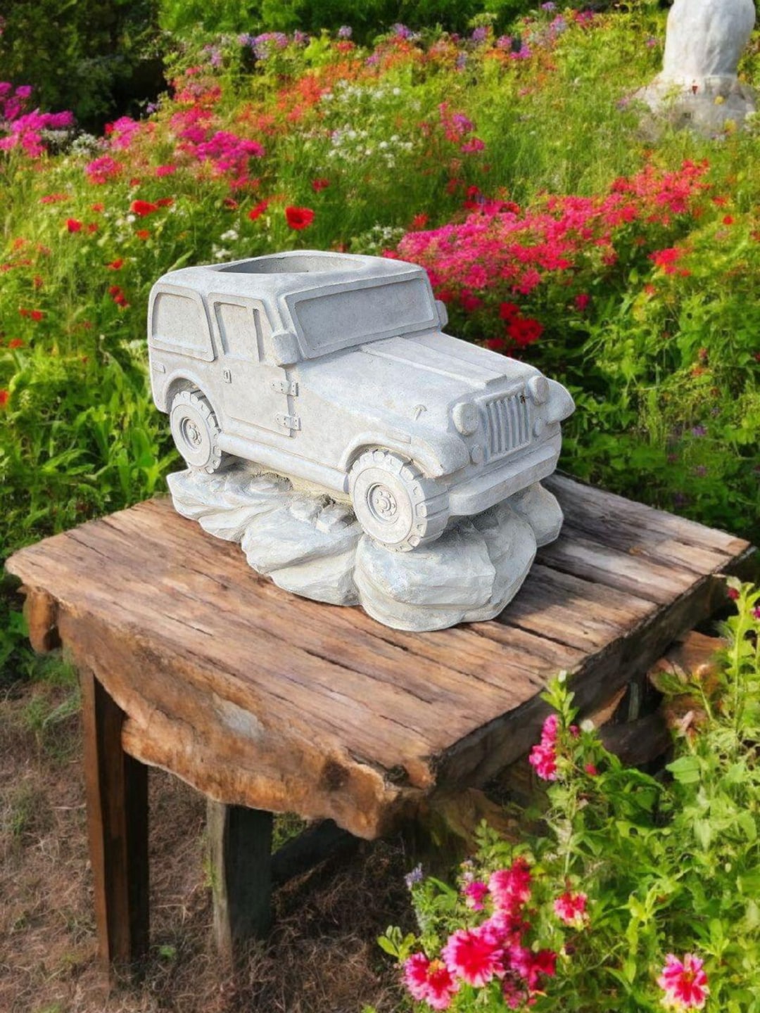 Stone Jeep Sculpture Outdoor Plant Pot Garden Decoration Jeep Plant Pot ...