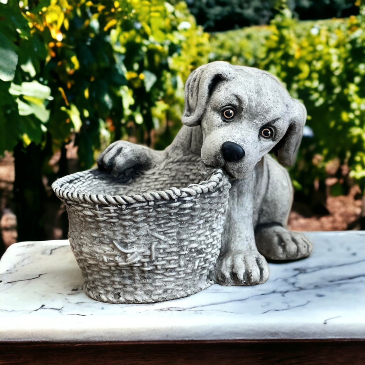 Dog Chewing Basket Figure Detailed Flowers Planter With Pet Sculpture ...