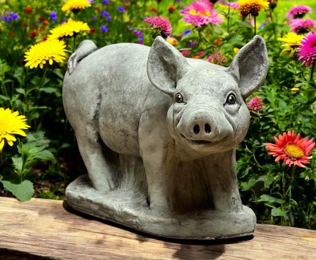 Stone Pig on Base Backyard Animal Sculpture Outdoor Ornament Standing ...